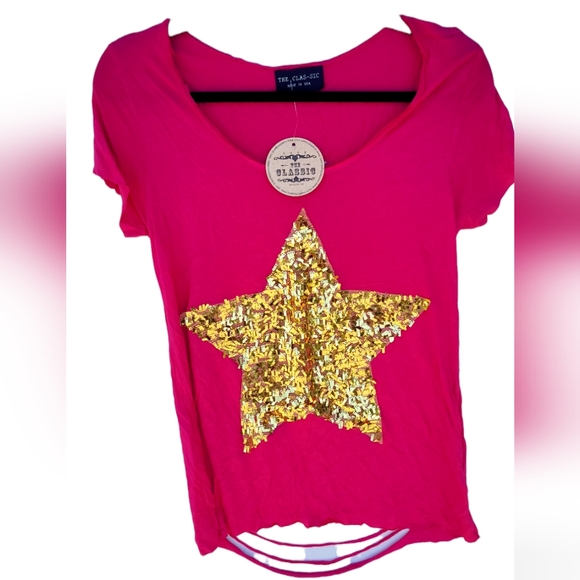 The Classic | Tops | The Classic Hot Pink Tee Shirt With Sequenced Gold ...